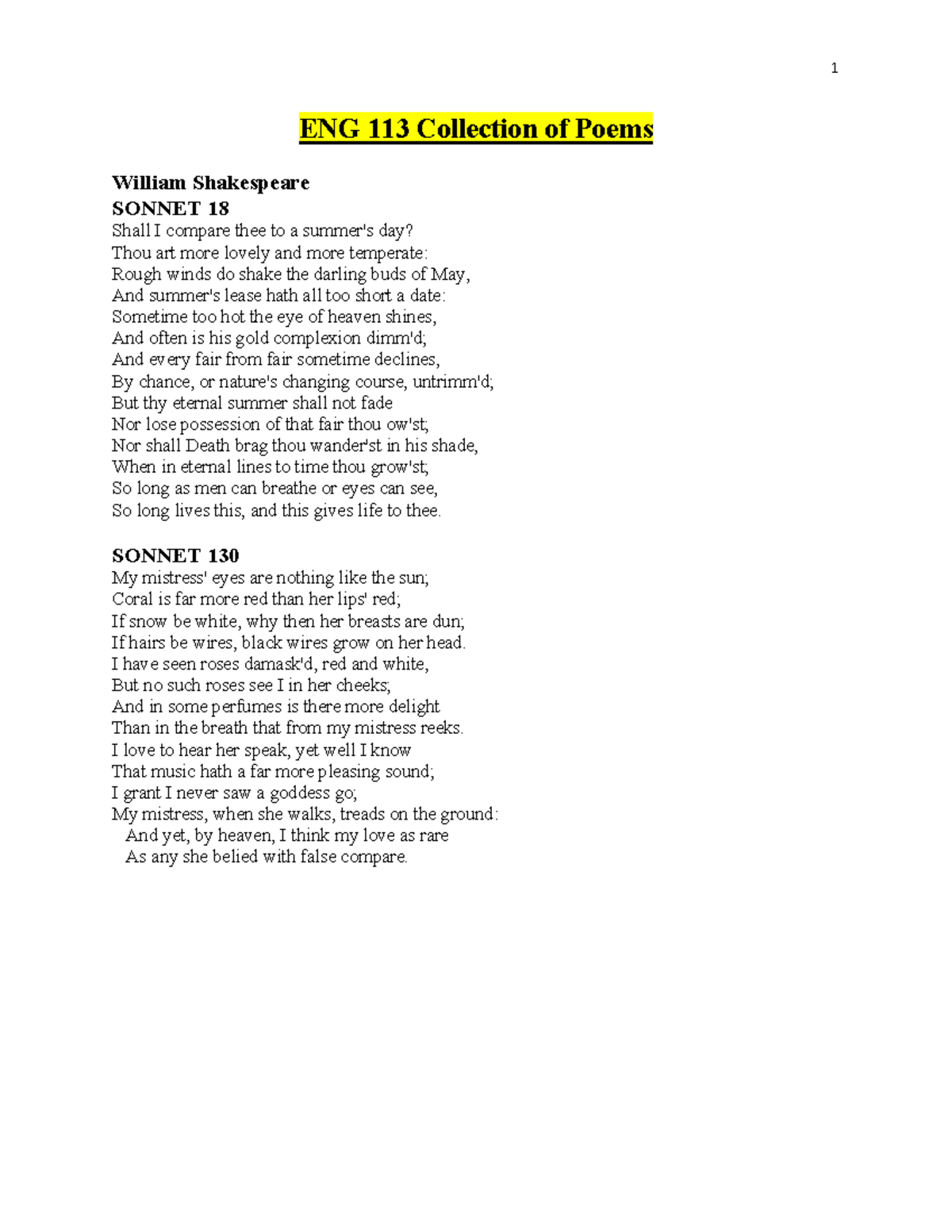 ENG 113 Collection of Poems - ENG 113 Collection of Poems William ...