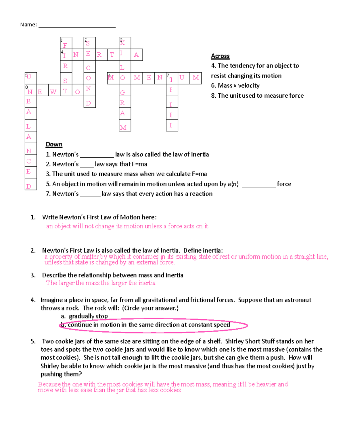Newton Study Guide crossword - Newton’s 1st Law Write Newton’s First ...