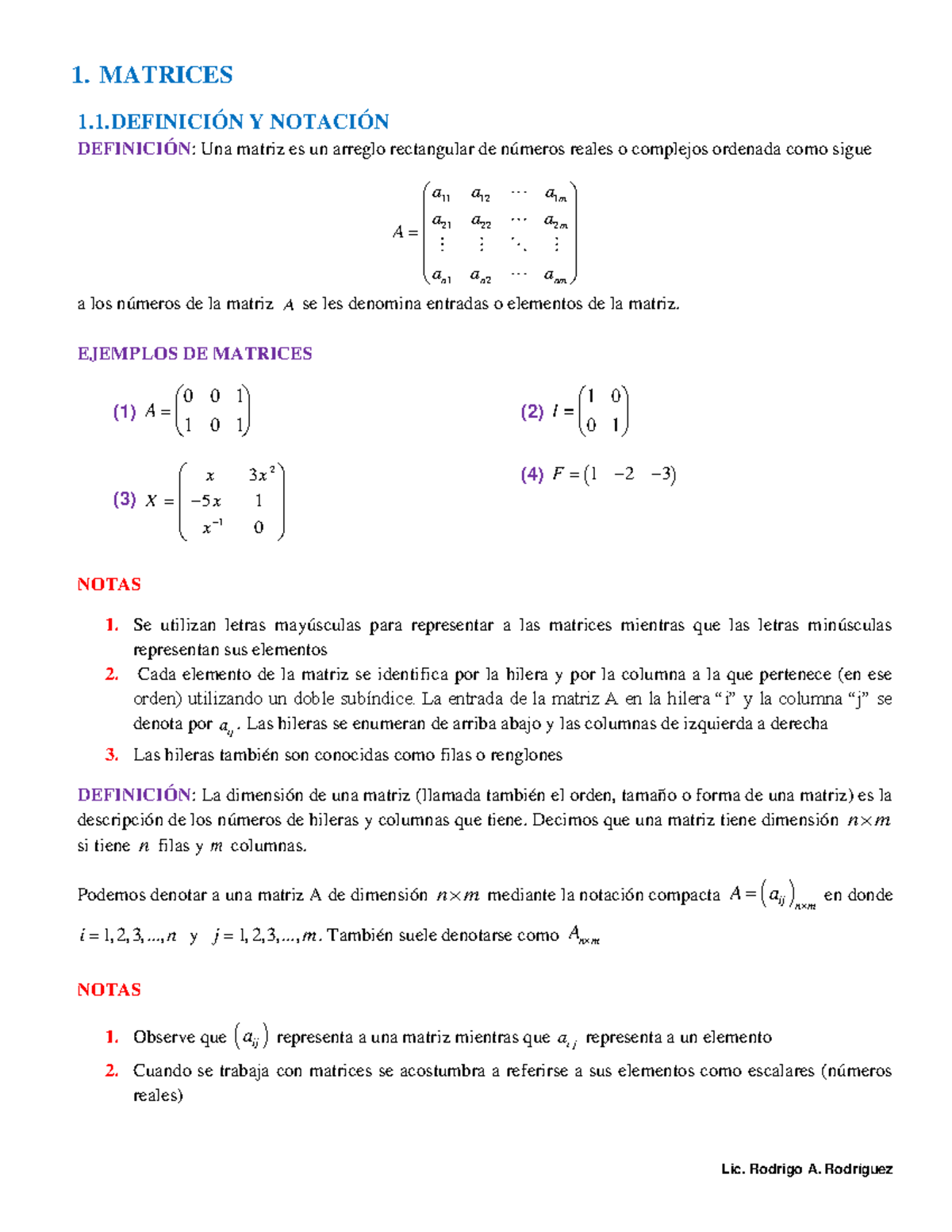 1. Definición DE Matriz - Lic. Rodrigo A. Rodríguez 1. MATRICES 1.1ÓN Y ...