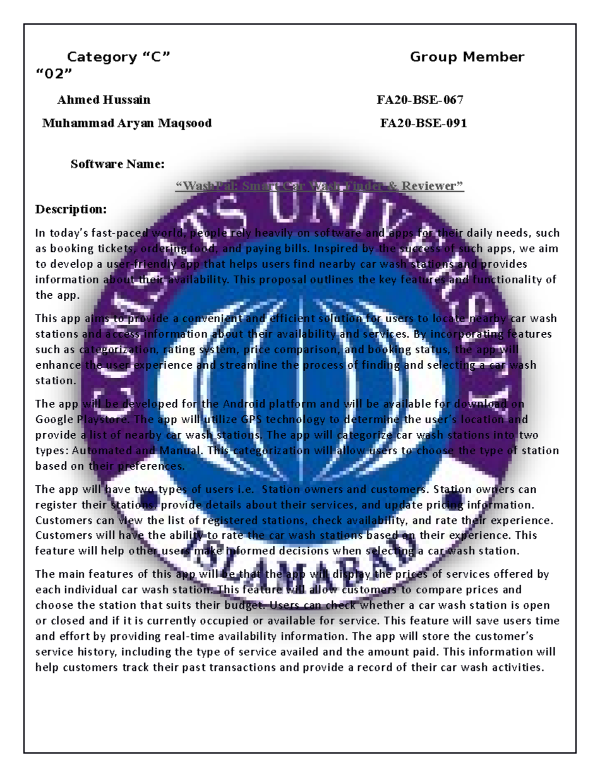 Wash Pal - Category “C” Group Member “02” Ahmed Hussain FA20-BSE- Muhammad Aryan Maqsood FA20 ...