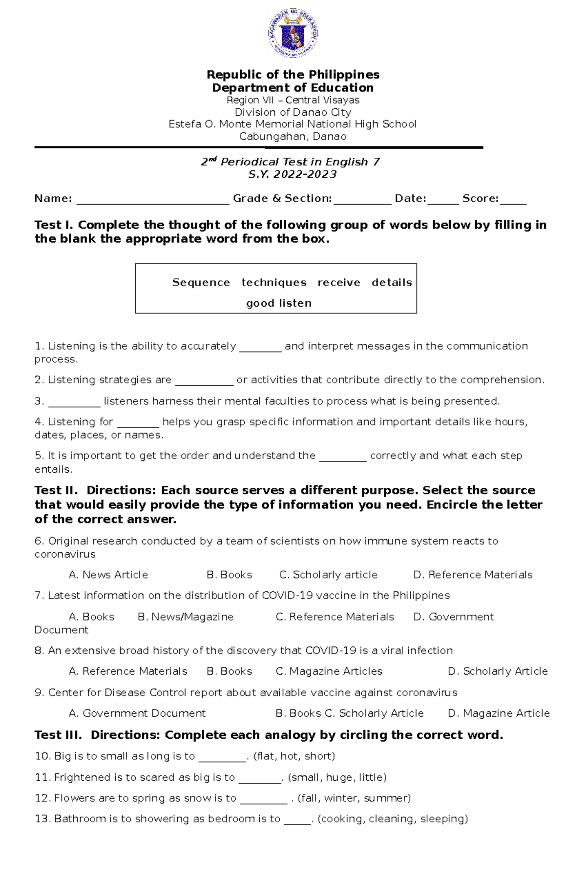 2ND Periodical TEST - NONE - Republic of the Philippines Department of ...