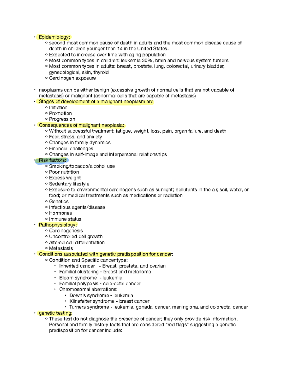 Cancer - notes - NUR 112 - Studocu