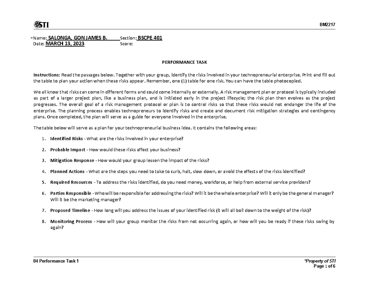 04 Performance Task 1 - Salonga - Techno - 04 Performance Task 1 *Property of STI PERFORMANCE ...