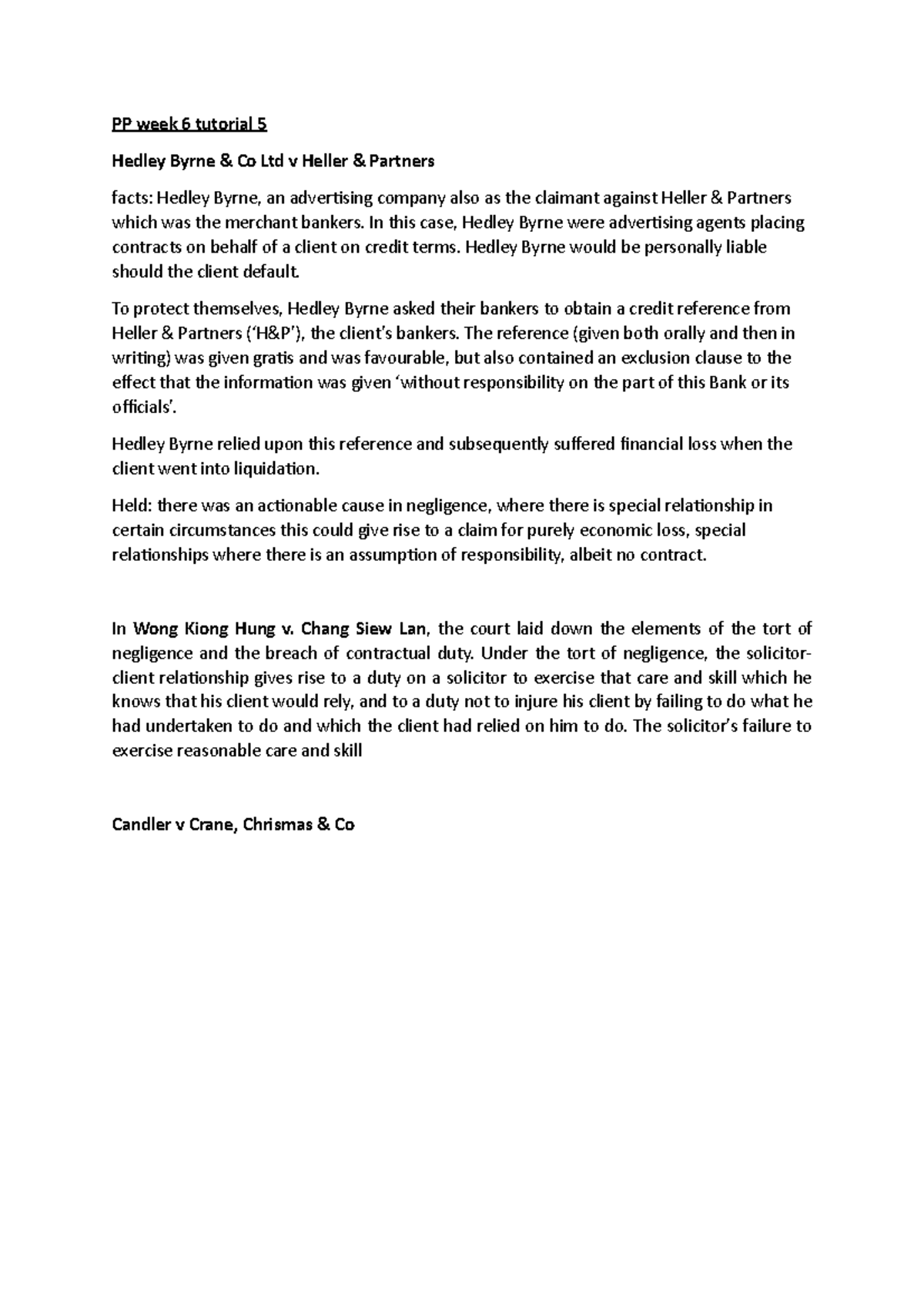 PP week 6 tutorial 5 - PP week 6 tutorial 5 Hedley Byrne & Co Ltd v ...