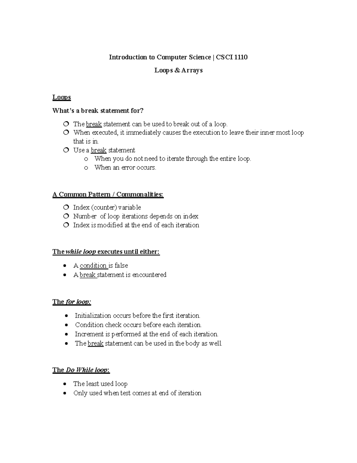 Csci 1110 Notes 3 Loops And Arrays Introduction To Computer Science Csci 1110 Loops