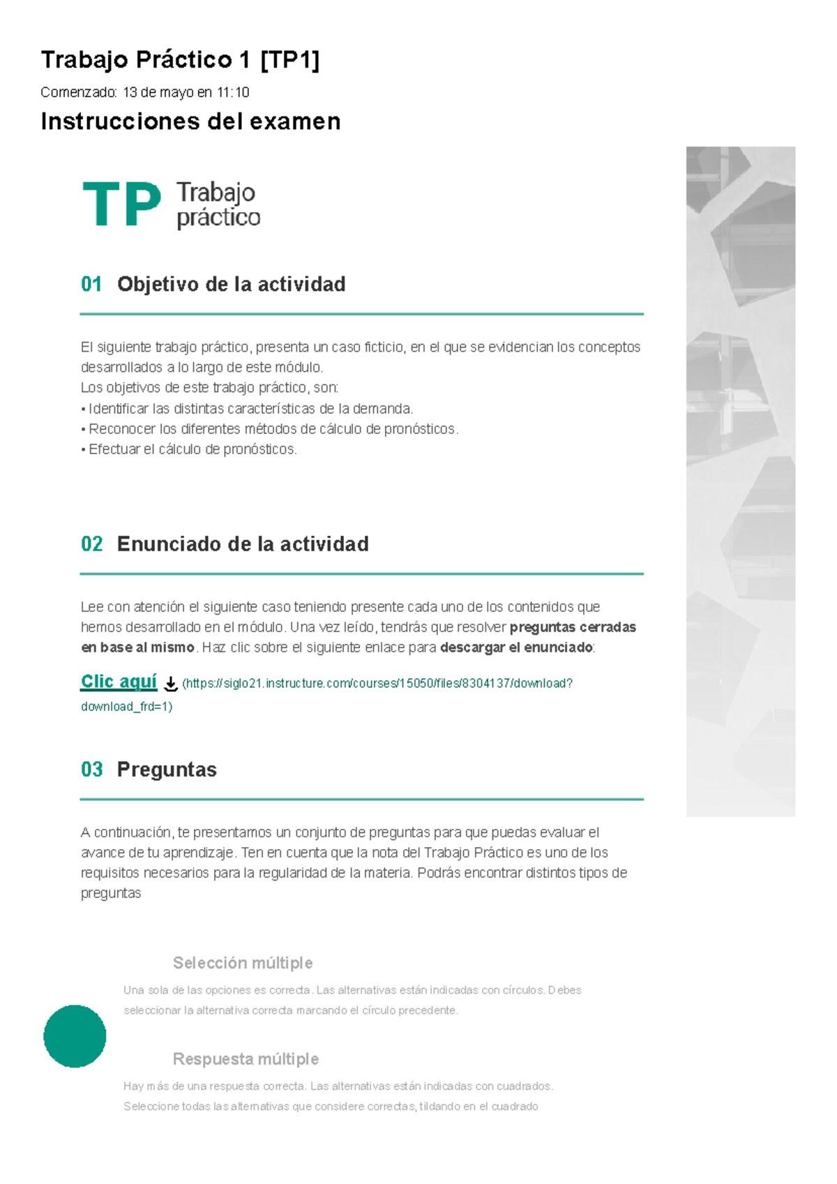 Examen Trabajo Práctico 1 [TP1]Producción II 80% - Trabajo Práctico 1 [TP1] Comenzado: 13 de ...