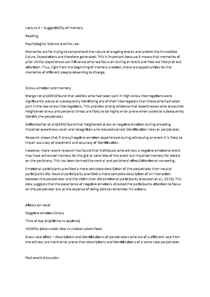 Lecture 2 - Suggestibility of memory - Psychology and Law Lecture 2 ...