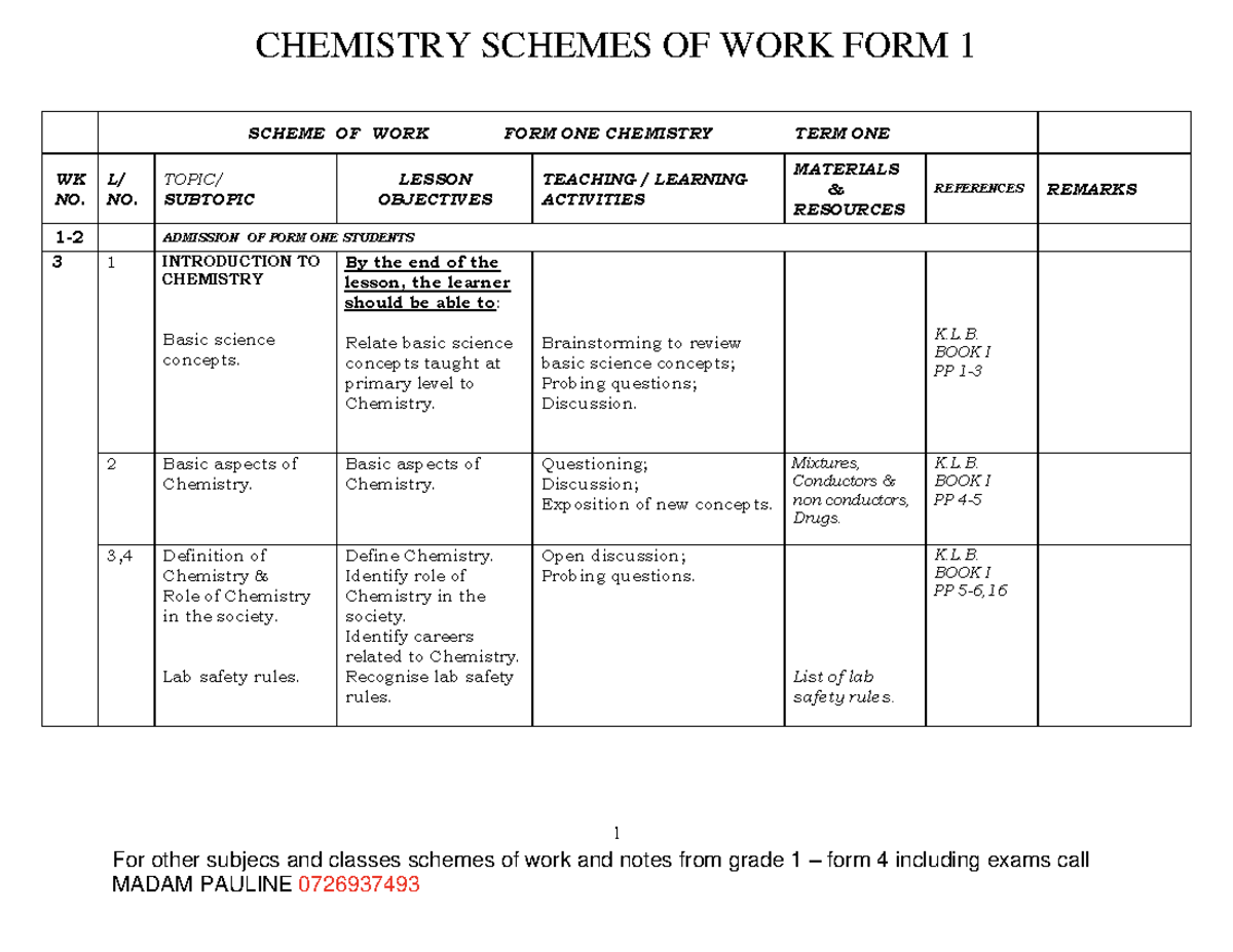 Chemistry FORM 1 - NOTES - CHEMISTRY SCHEMES OF WORK FORM 1 For other ...