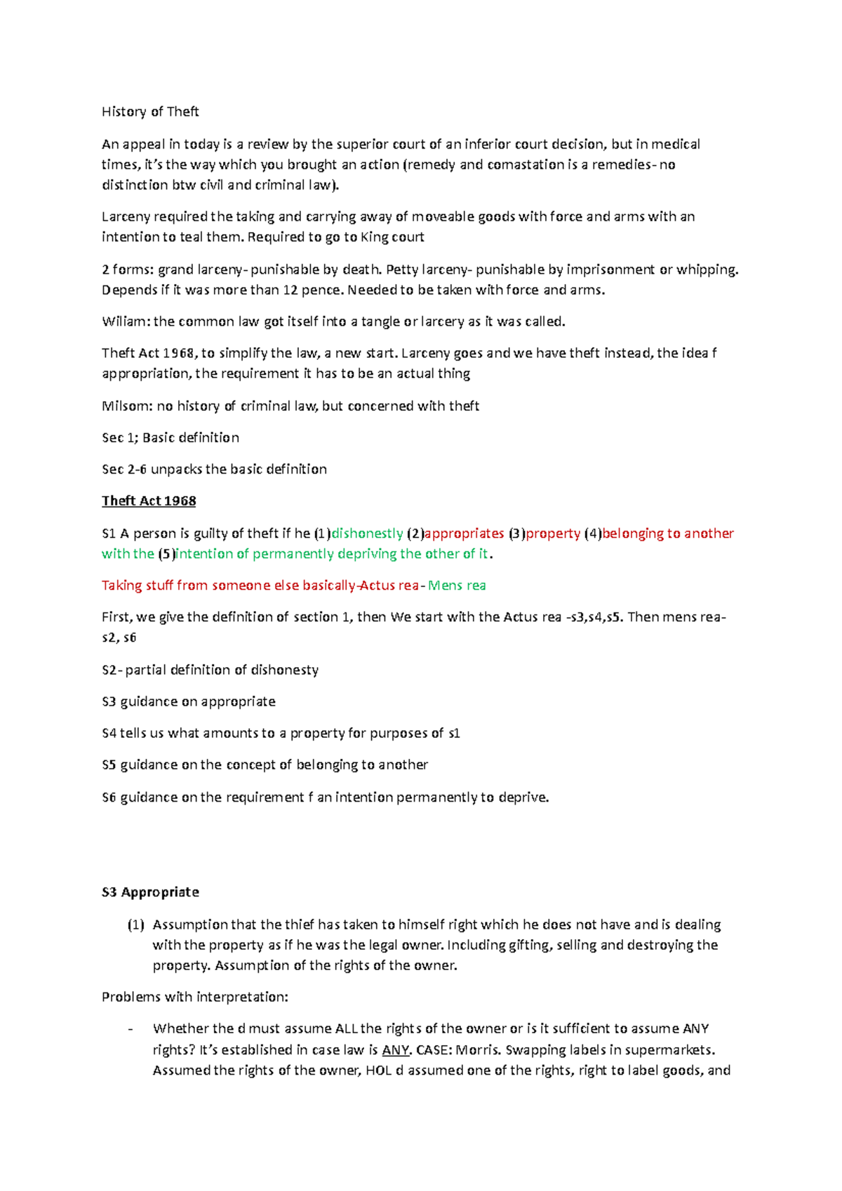 Notes on theft - History of Theft An appeal in today is a review by the ...