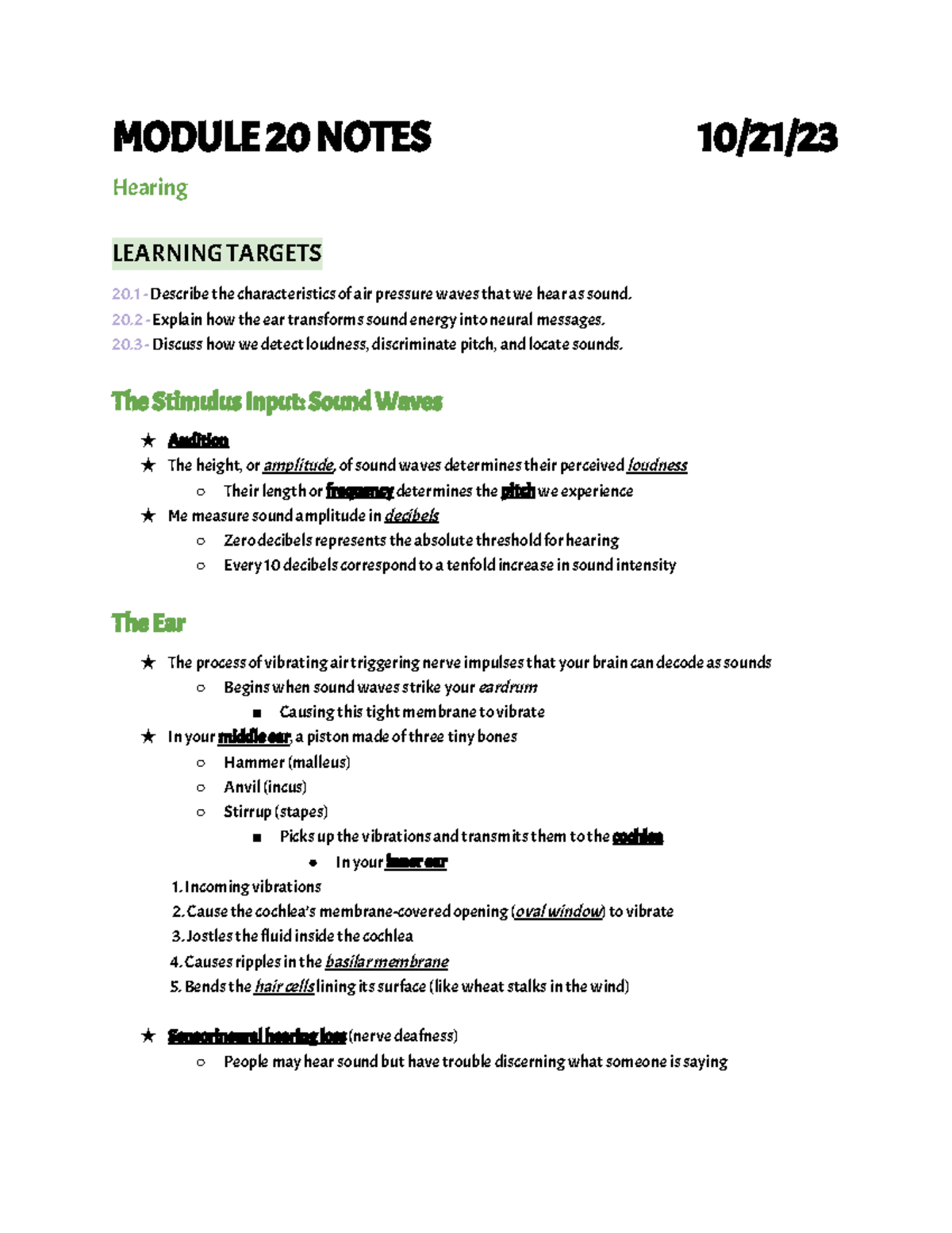 Module 20 Notes - 10 20 - MODULE 20 NOTES 10/21/ Hearing LEARNING ...