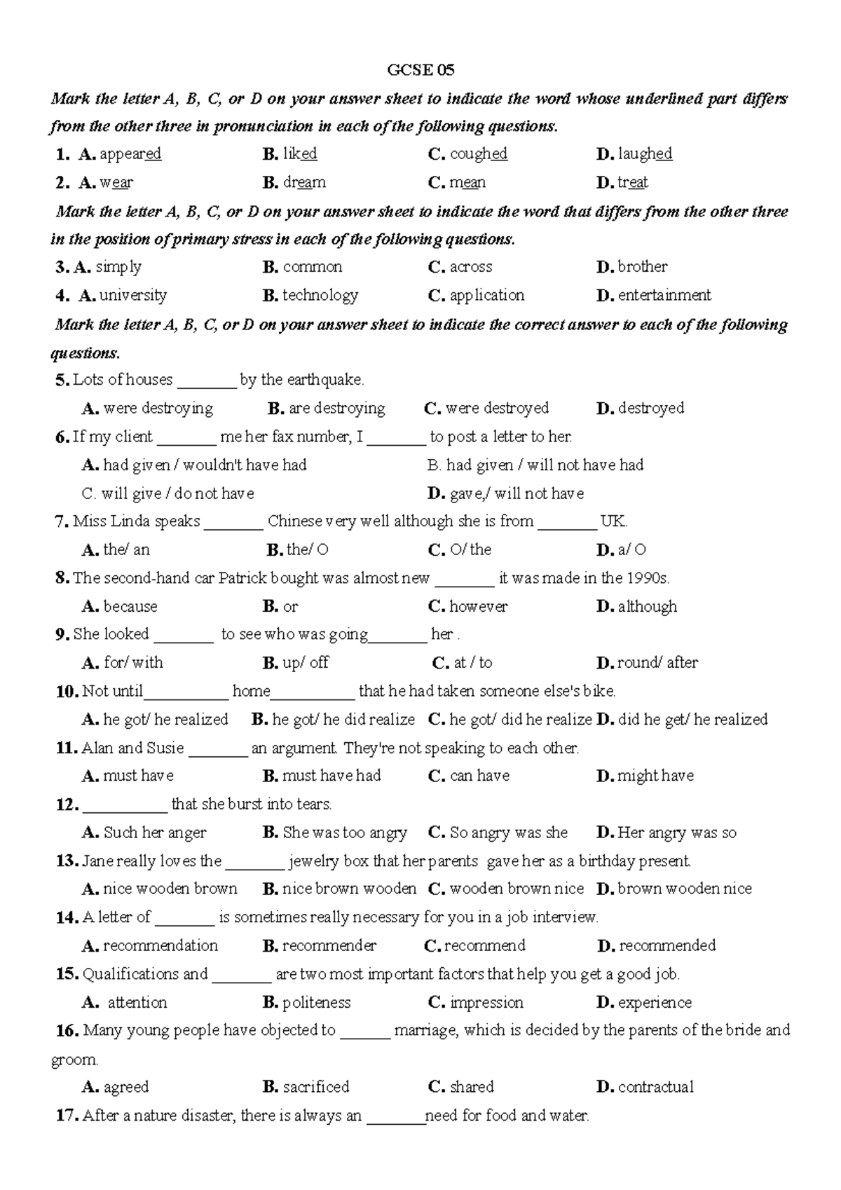 GCSE 5 - Grade: 8 - GCSE 05 Mark the letter A, B, C, or D on your ...