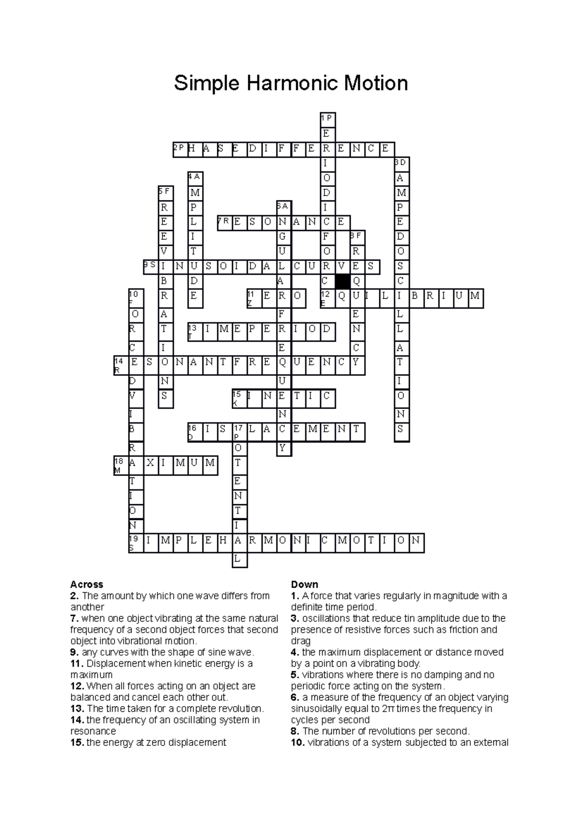 Crossword Simple harmonic - Simple Harmonic Motion 1 P E 2 P H A S E D ...
