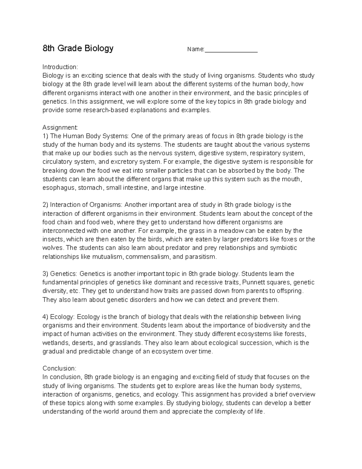 8th Biology summary - 8th Grade Biology Name ...