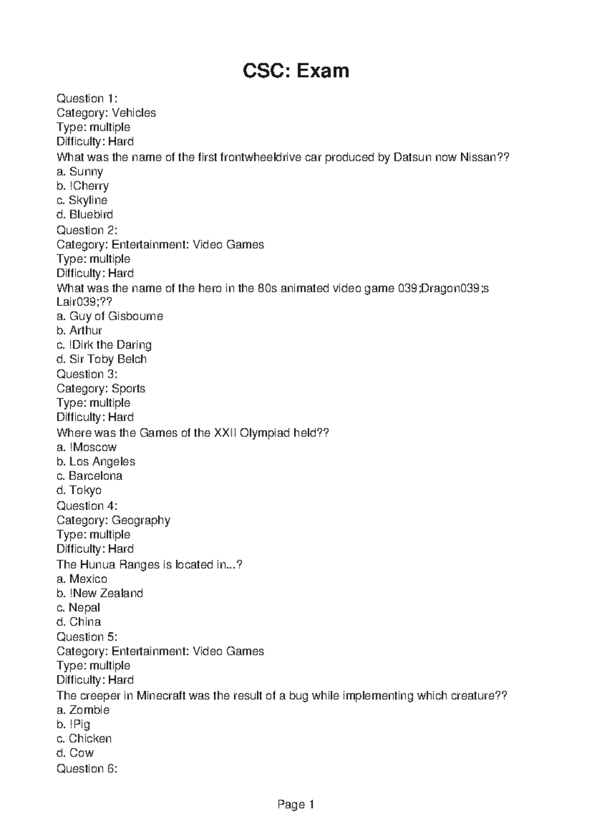 CSC330-Handout-4 - CSC: Exam Question 1: Category: Vehicles Type ...