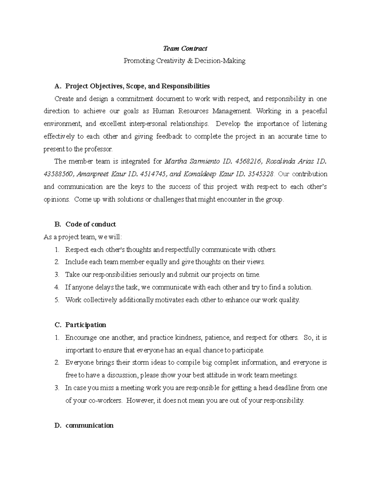 Team Contract - Good - Team Contract Promoting Creativity & Decision ...