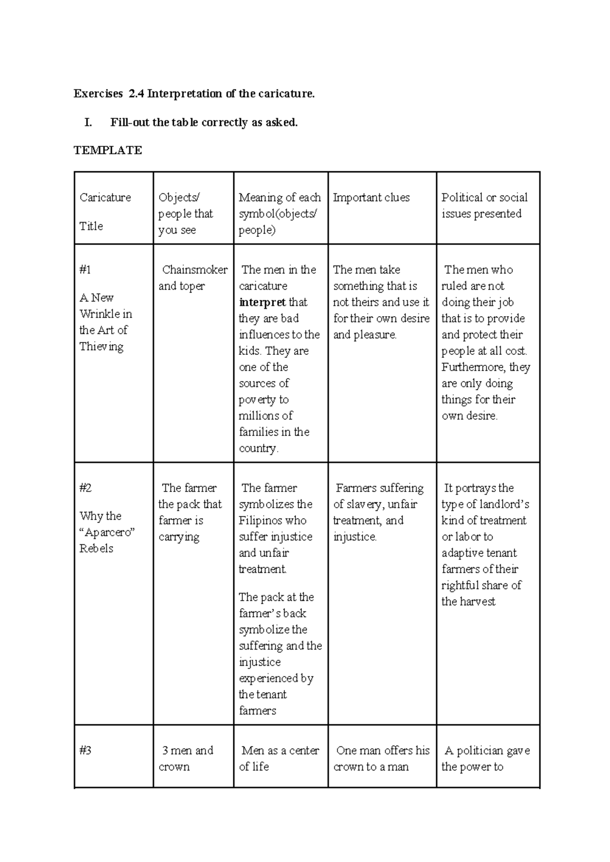 Exercises 32 Identifying The Arguments Exercises 2 Interpretation Of The Caricature I Fill