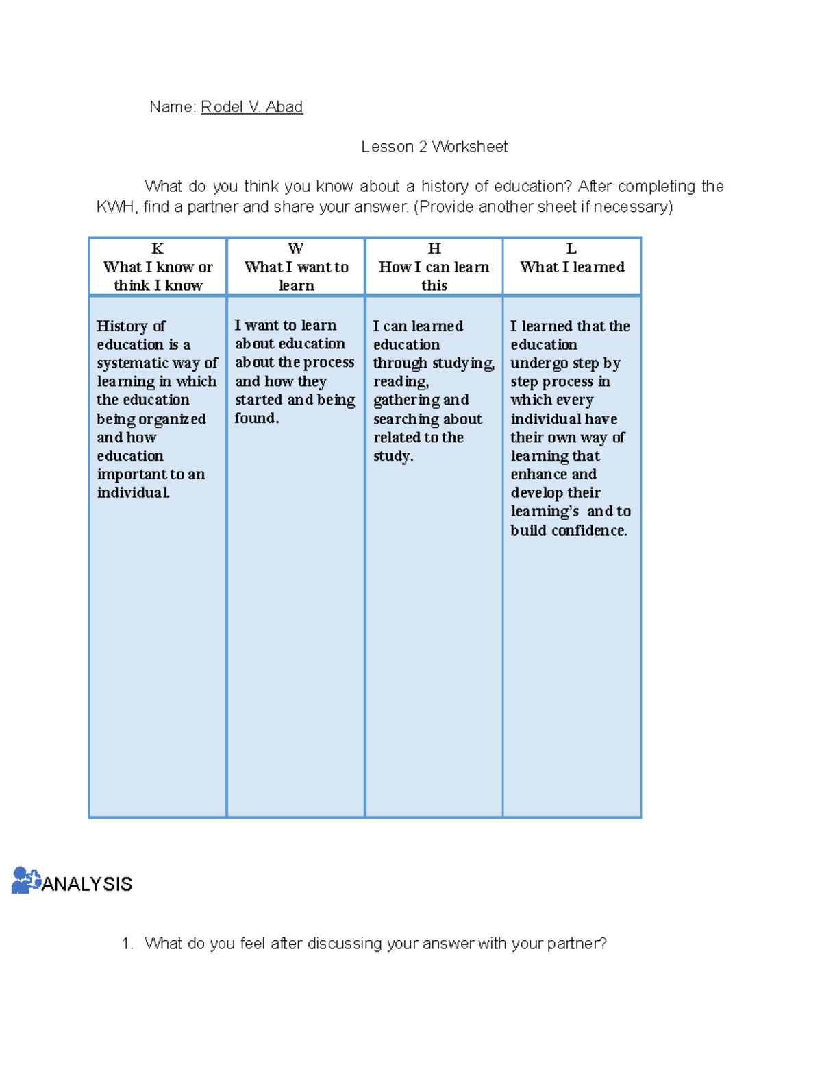 Abad educ 125 - Task-1 - ANALYSIS Name: Rodel V. Abad Lesson 2 ...