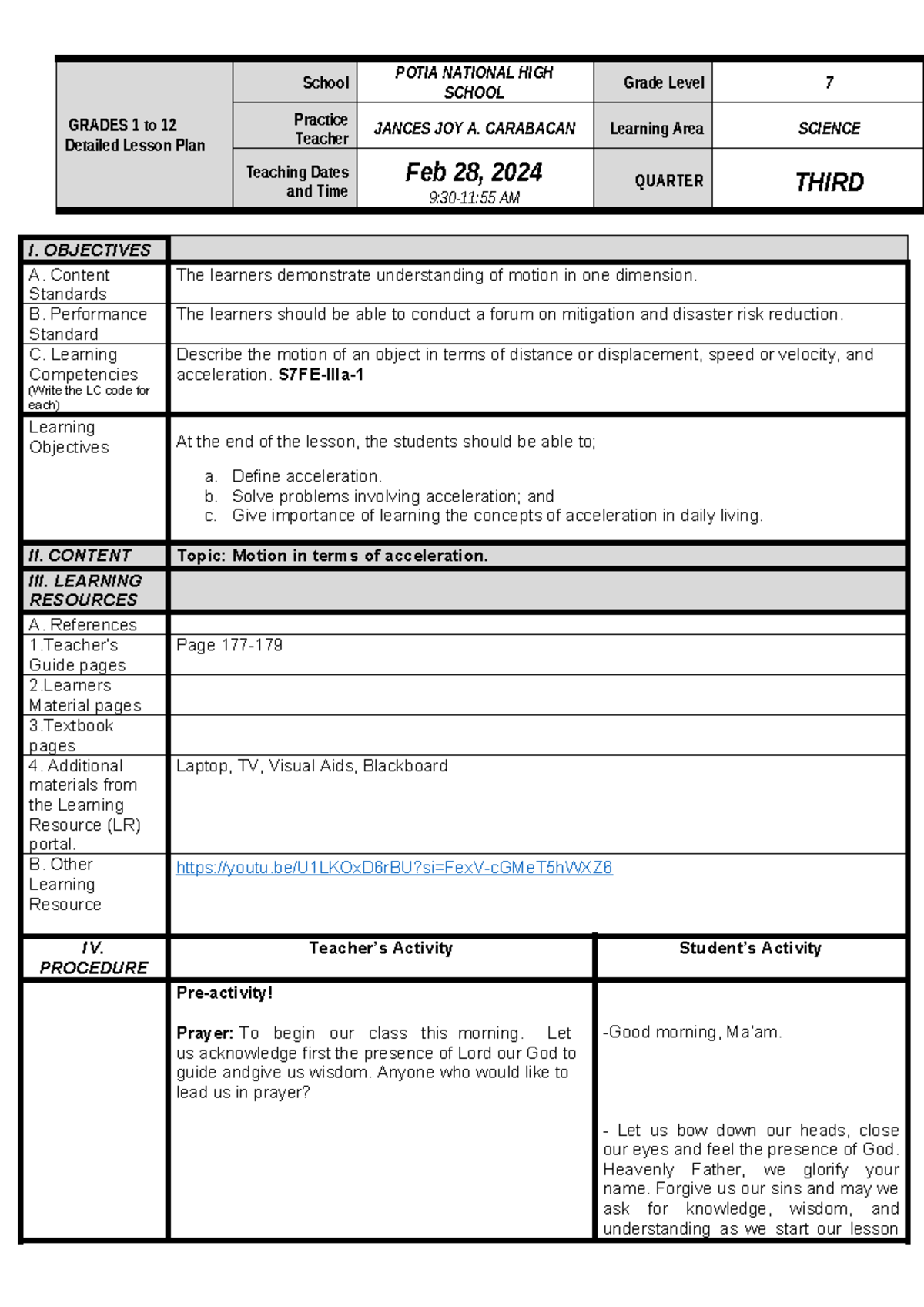 LP Grade 7 Accelaration - GRADES 1 to 12 Detailed Lesson Plan School ...