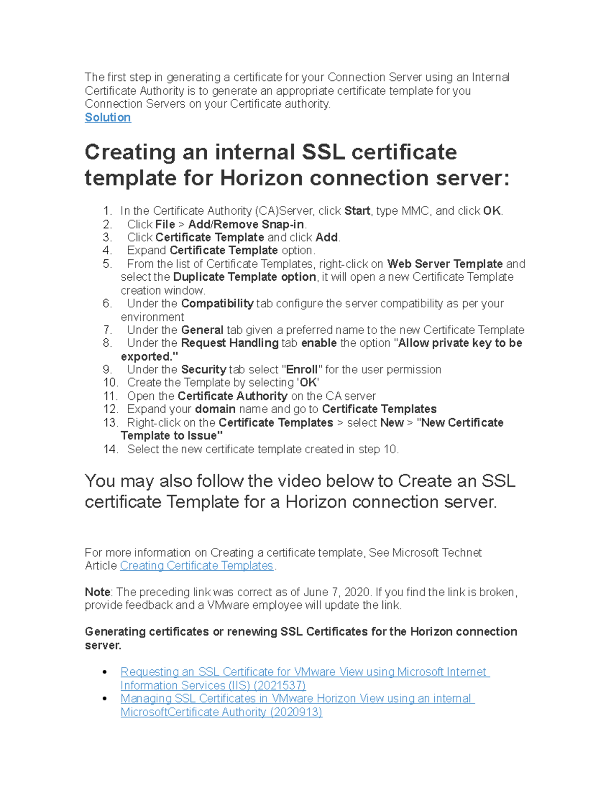 Creating An Internal Ssl Certificate Template For Horizon Connection Server The First Step In