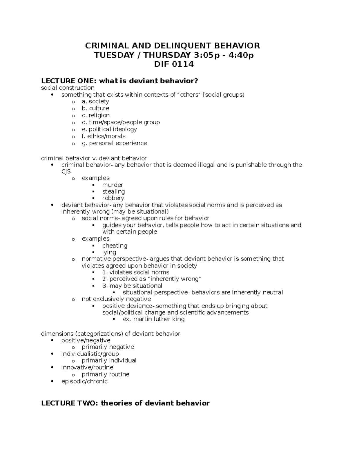 crim dev bx notes wk 1-2 - CRIMINAL AND DELINQUENT BEHAVIOR TUESDAY ...