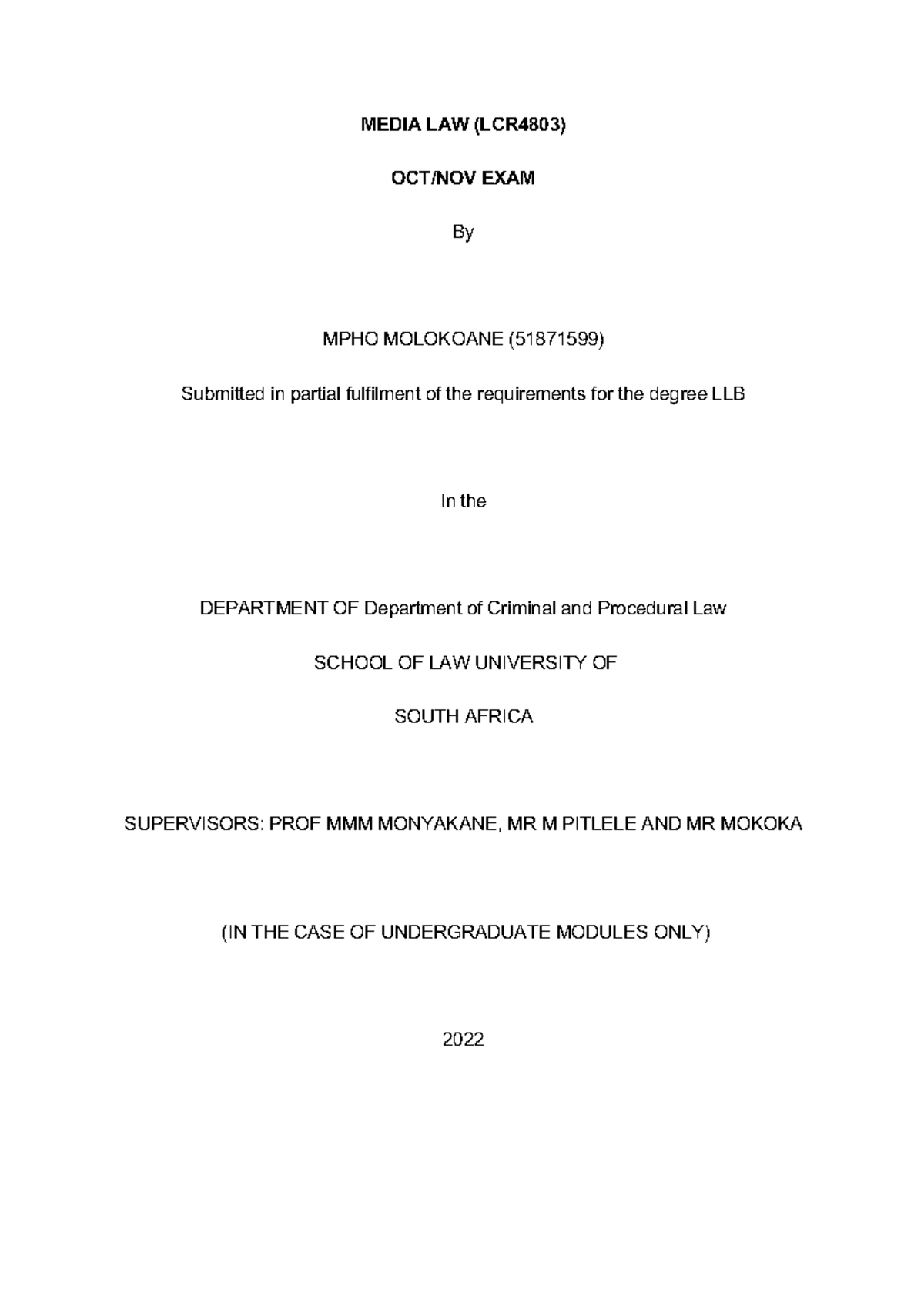 Final - NOTES - MEDIA LAW (LCR4803) OCT/NOV EXAM By MPHO MOLOKOANE ...