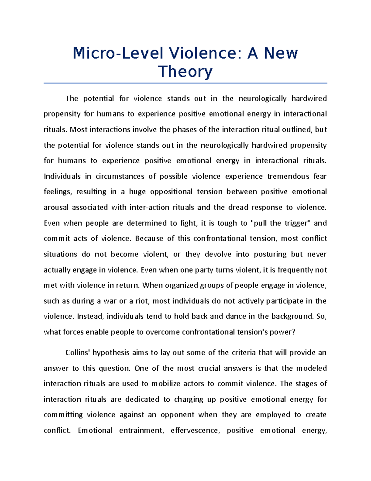 Micro-Level Violence A New Theory - Sociology I - Studocu