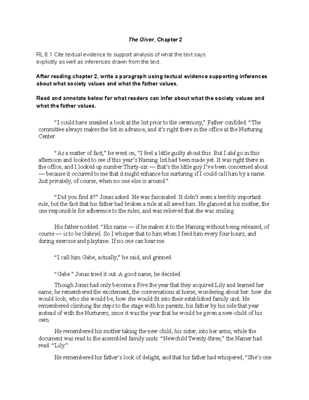 Copy of Copy of The Giver, Chapter 2 Student Copy - The Giver, Chapter ...