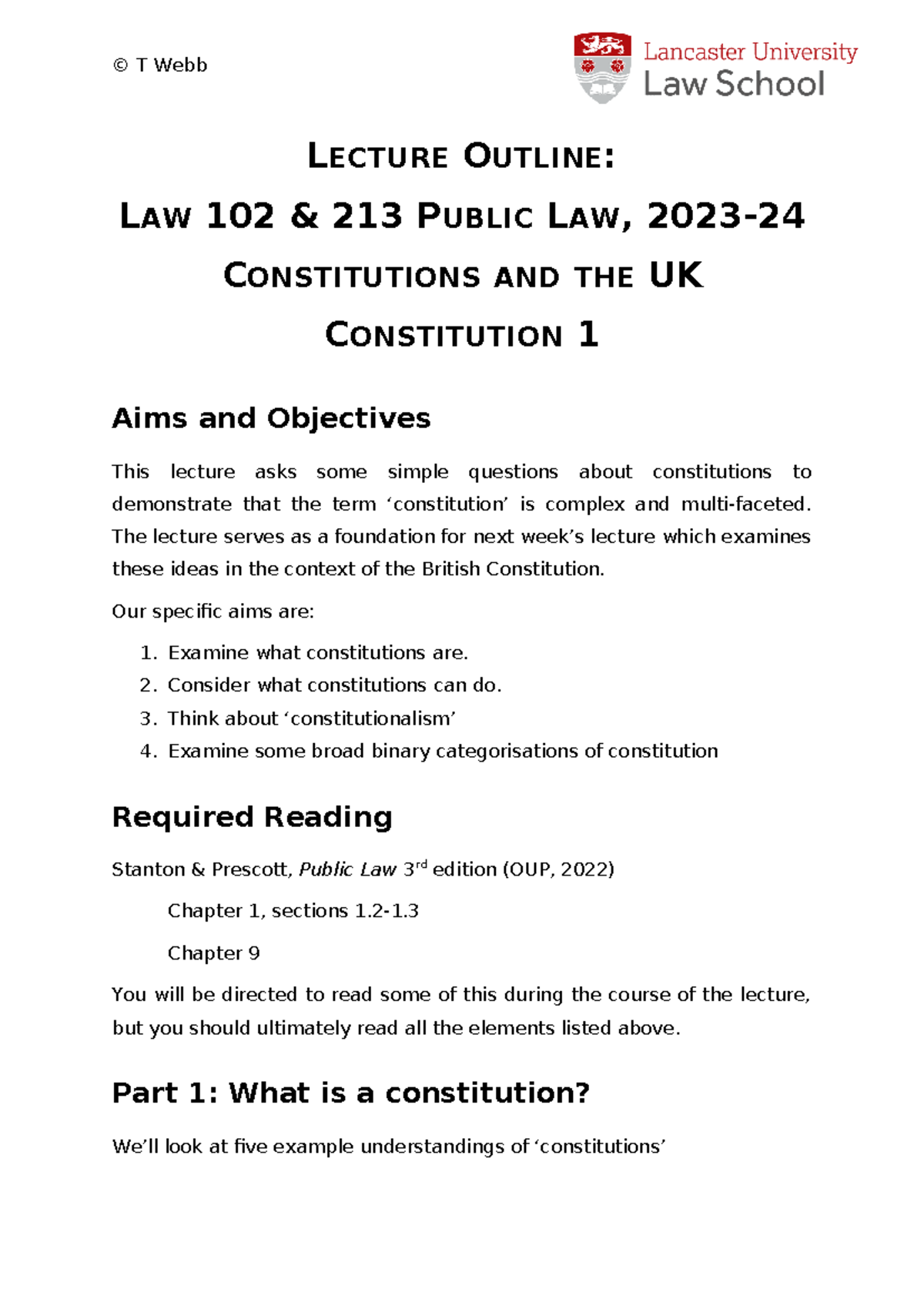 Constitutions and the UK Constitution 1 - lecture outline (2023-24) - LECTURE OUTLINE: LAW 102 ...