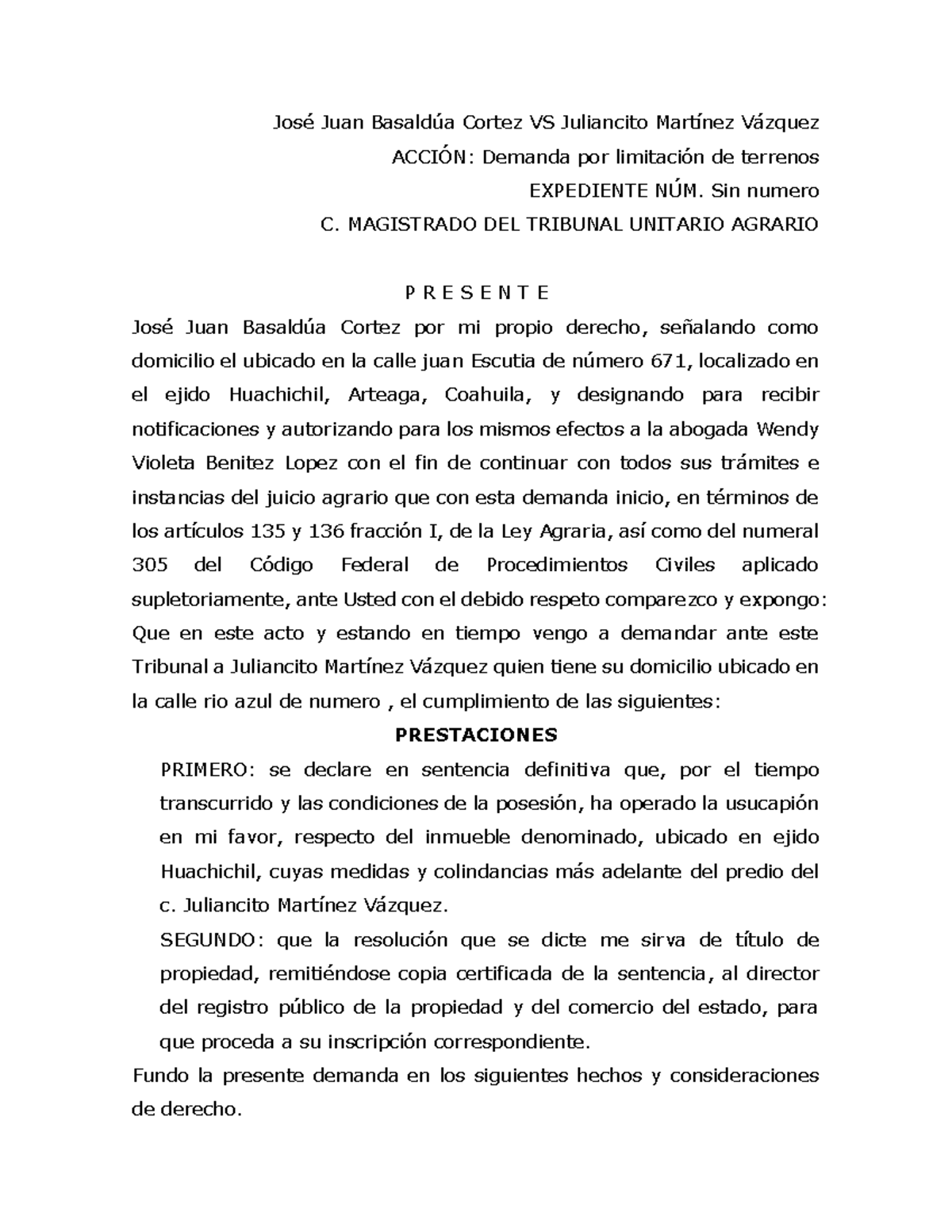 Ag demanda - José Juan Basaldúa Cortez VS Juliancito Martínez Vázquez ...