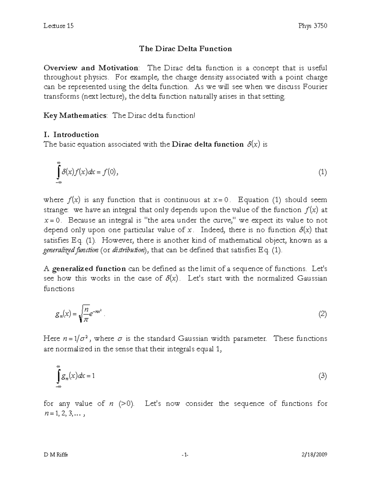 Lecture 15.pdf The Dirac Delta Function - The Dirac Delta Function Overview and Motivation: The ...