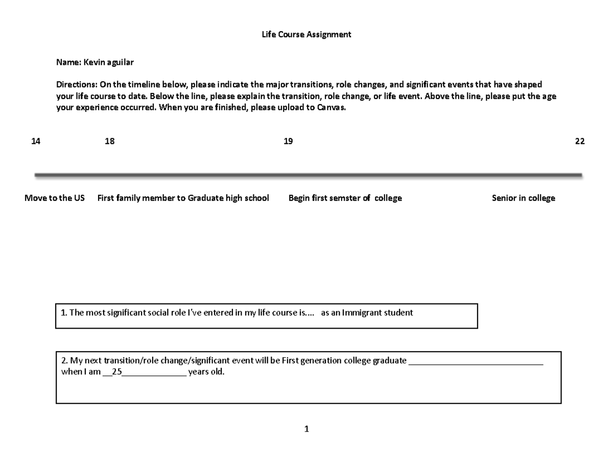 Class Participation 1-3 - Life Course Assignment 1 Name: Kevin aguilar ...