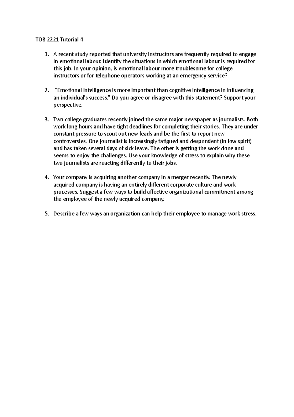 TOB 2221 Tutorial 4 - ORGANISATIONAL BEHAVIOUR - TOB 2221 Tutorial 4 1 ...