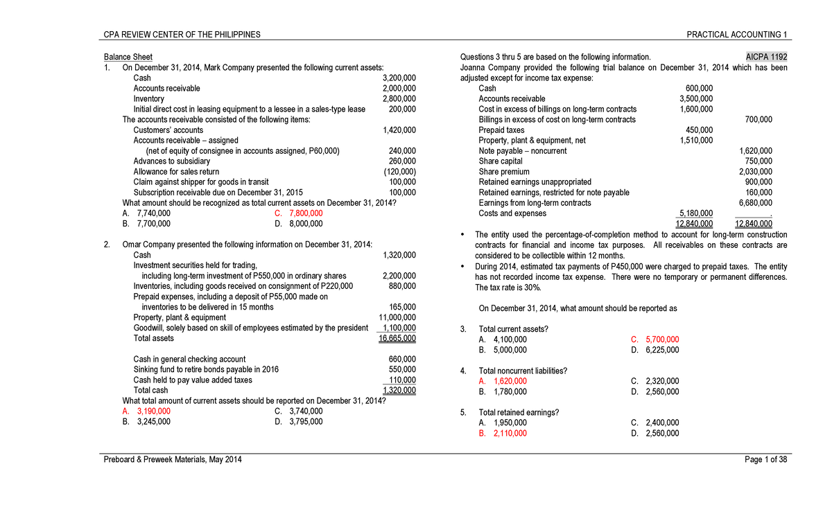 Accounting 6 Problem Answers - Balance Sheet On December 31, 2014, Mark ...