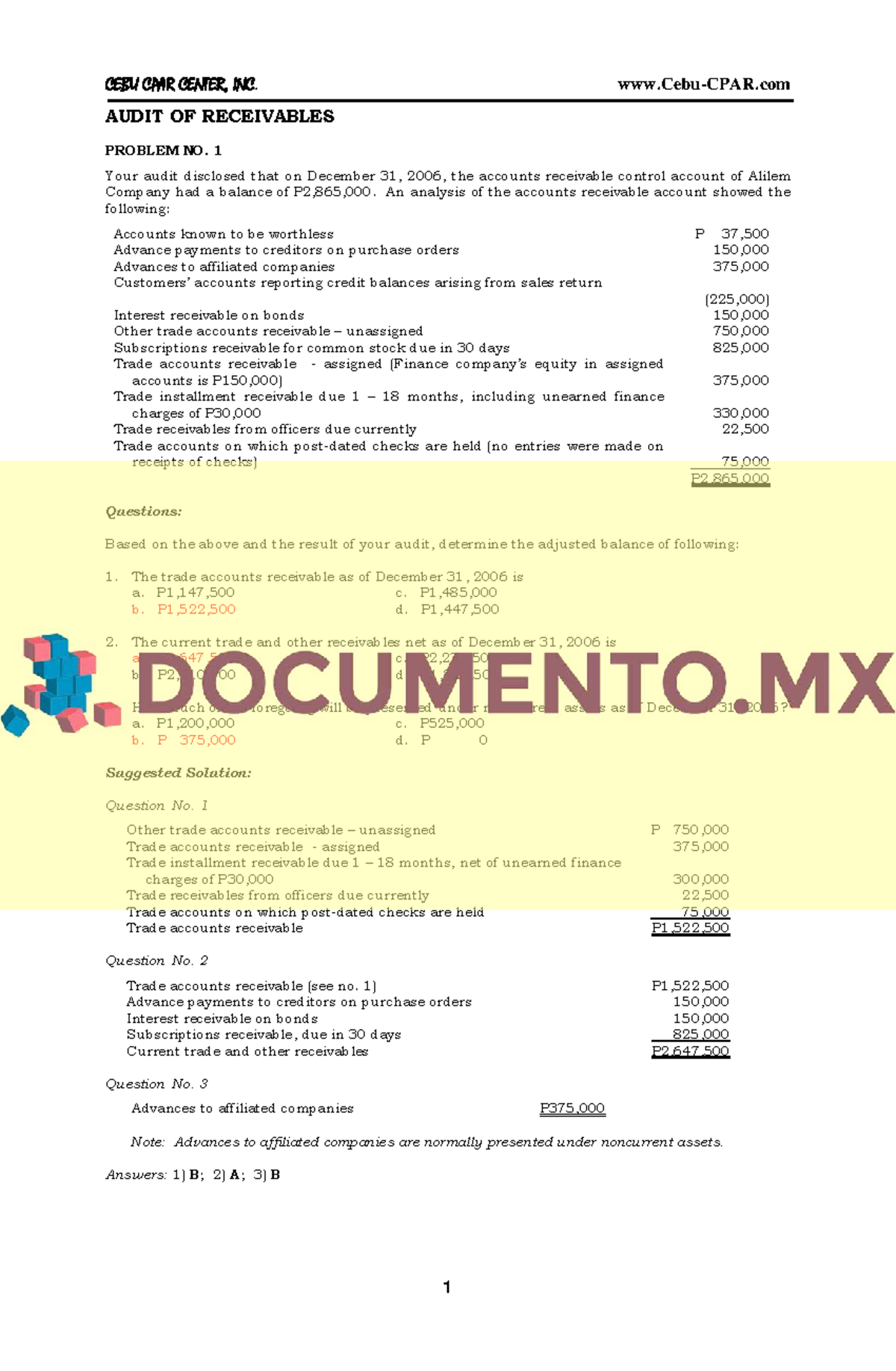Audprob quizzer - AUDIT OF RECEIVABLES PROBLEM NO. 1 Your audit disclosed that on December 31 ...