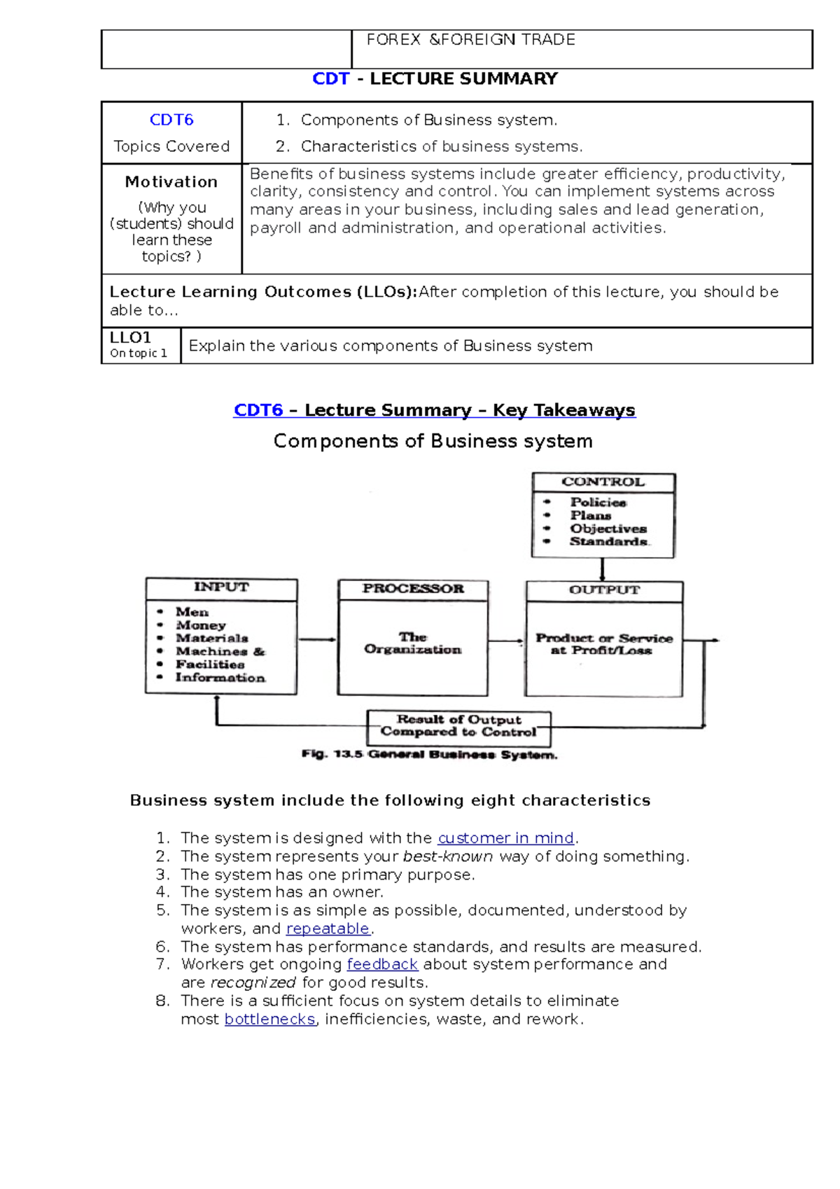 Components of Business system - CDT - LECTURE SUMMARY CDT Topics Covered Components of Business ...