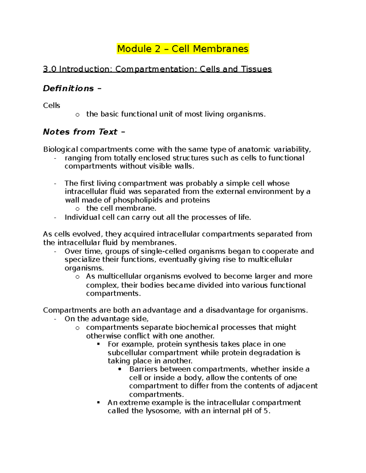 Module 2 - notes - Module 2 – Cell Membranes 3 Introduction ...