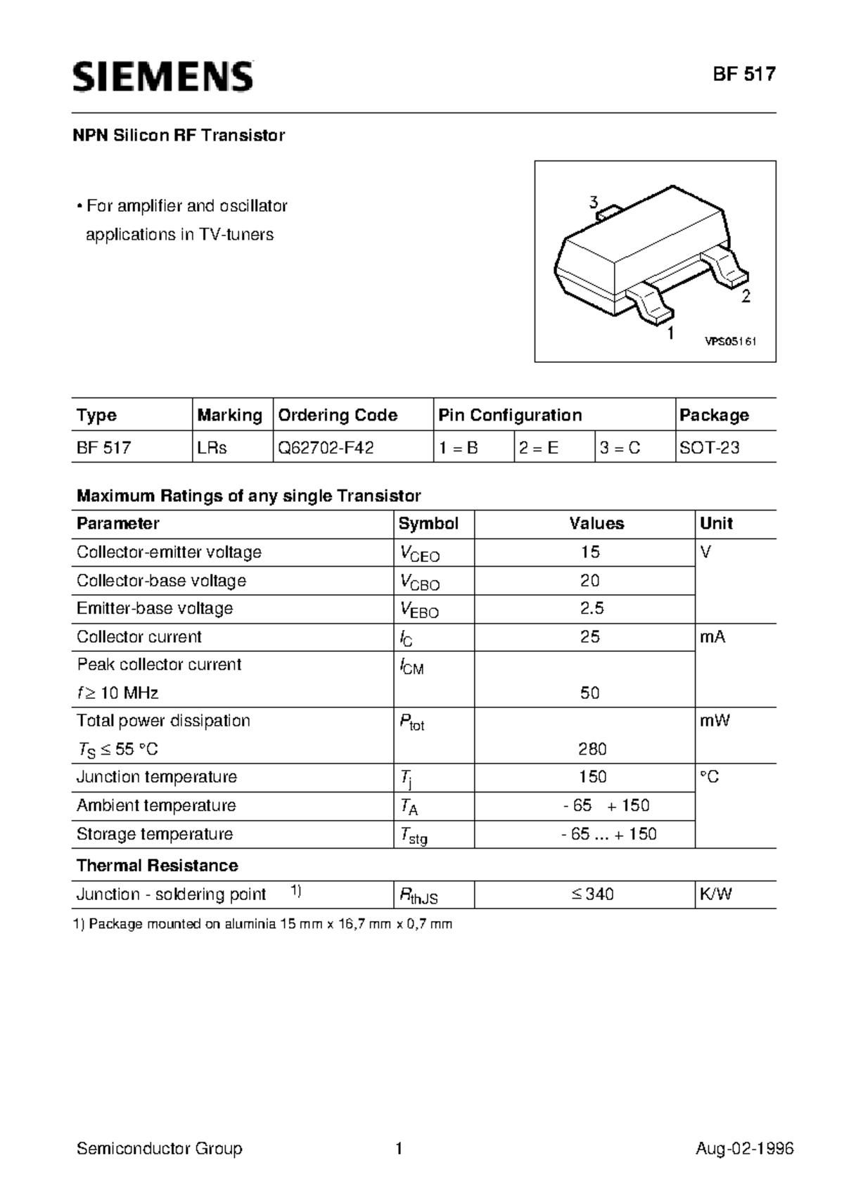 BF517 Siemens Semiconductor Group - NPN Silicon RF Transistor For ...