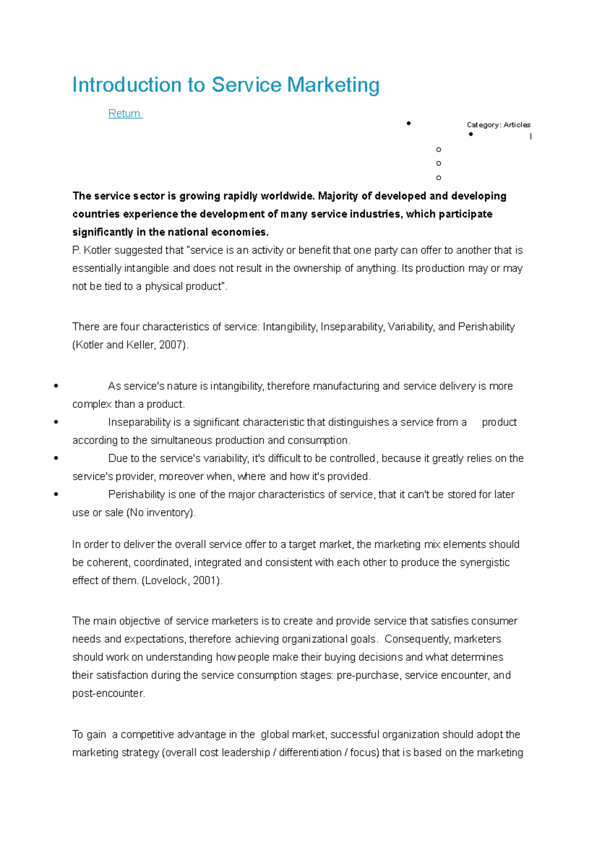 Chapter 1 - Lecture notes 1 - Introduction to Service Marketing Return ...