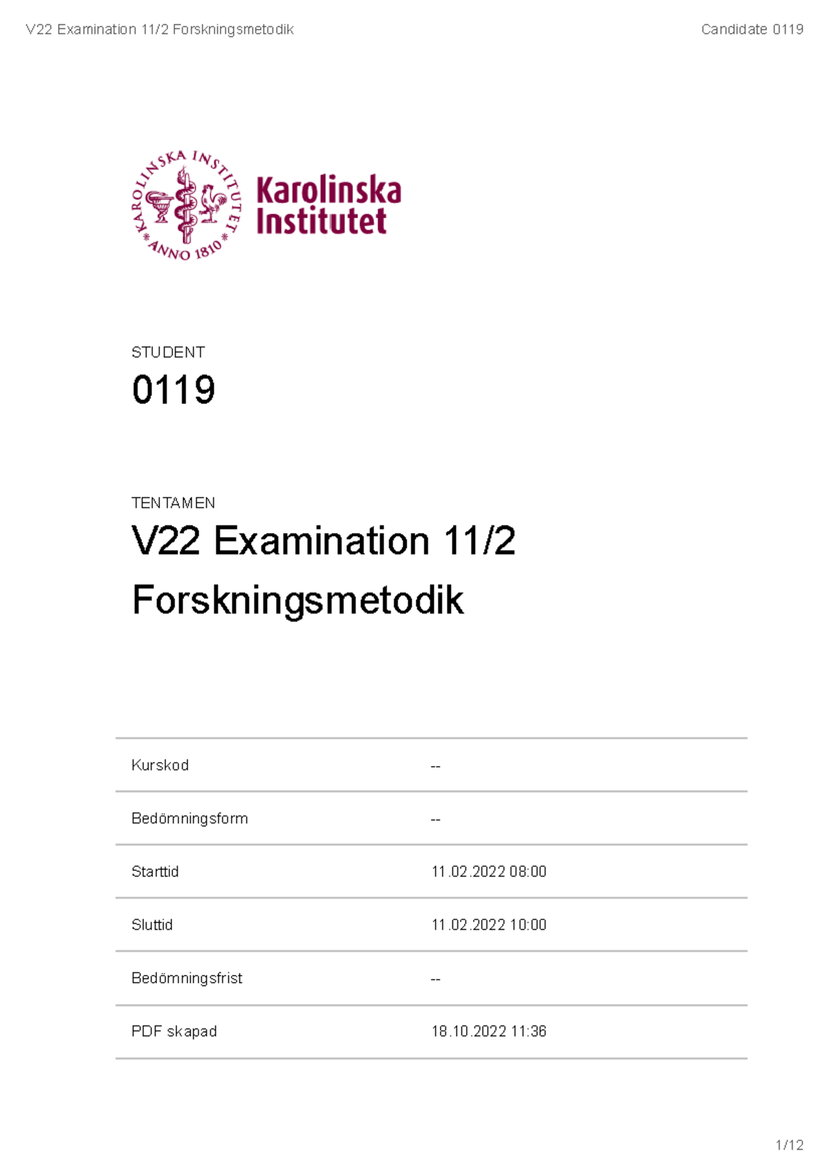 V22 Examination 11:2 Forskningsmetodik - Kurskod - Bedömningsform ...