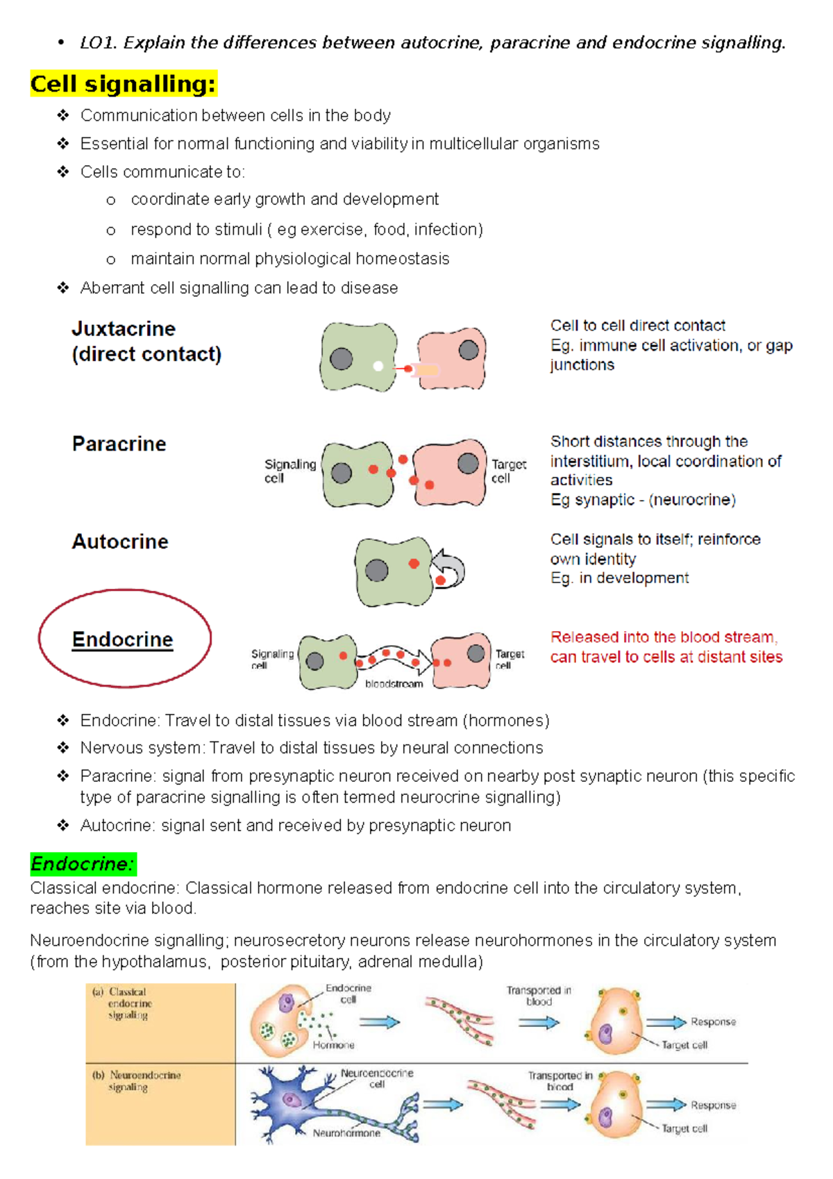 Week 1 - .... - • LO1. Explain the differences between autocrine ...