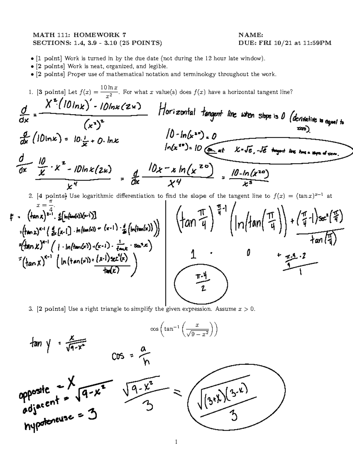Calc 1 Sections 1.4 3.9-3.10 Problems - MATH 111: HOMEWORK 7 NAME ...