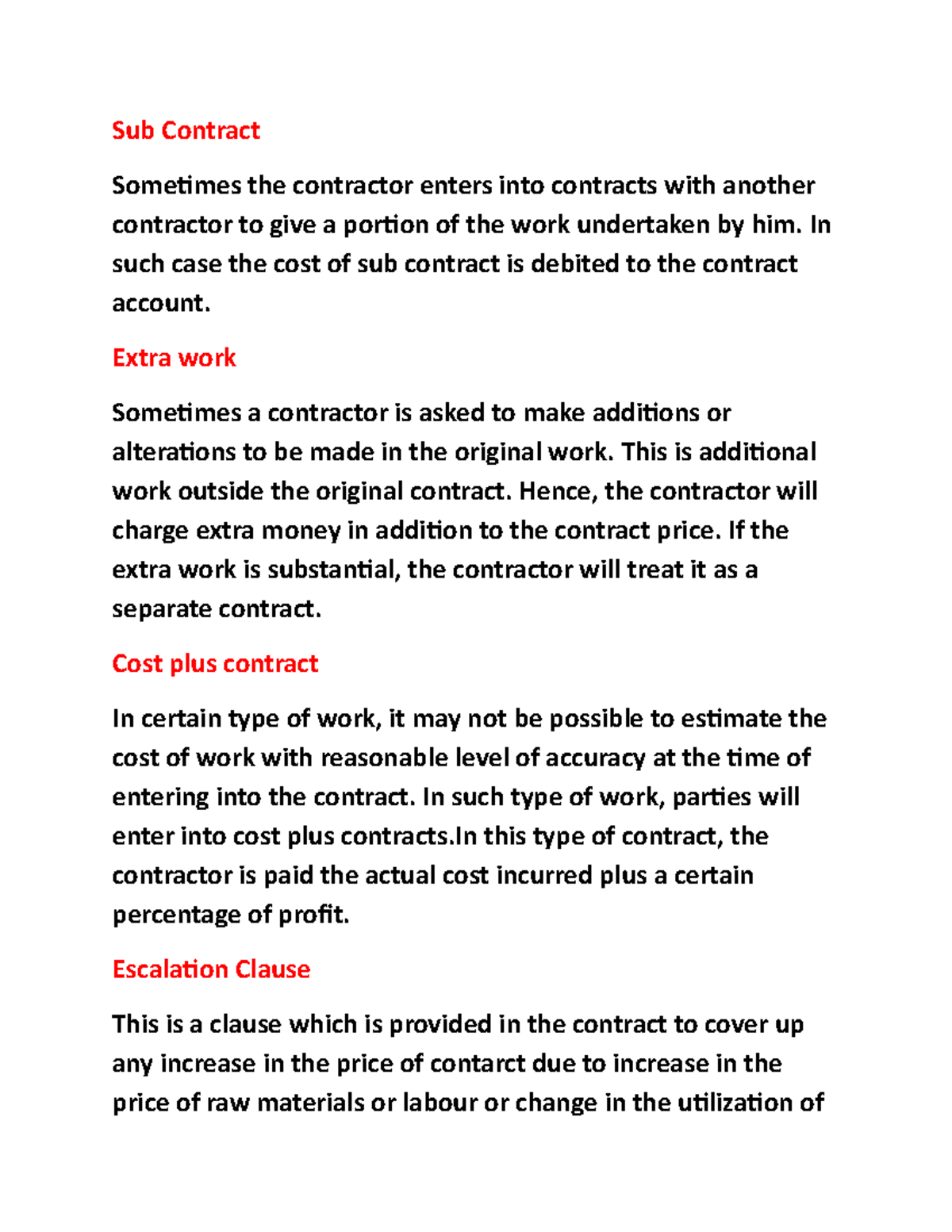 Sub contract escalation clause - Cost Accounting - Studocu
