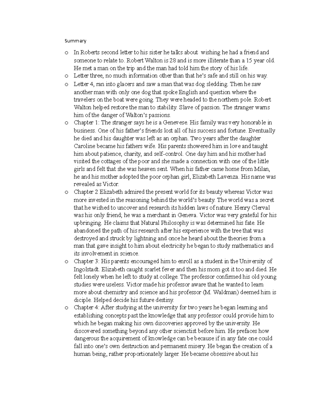 Frankenstein Summary - Summary o In Roberts second letter to his sister ...