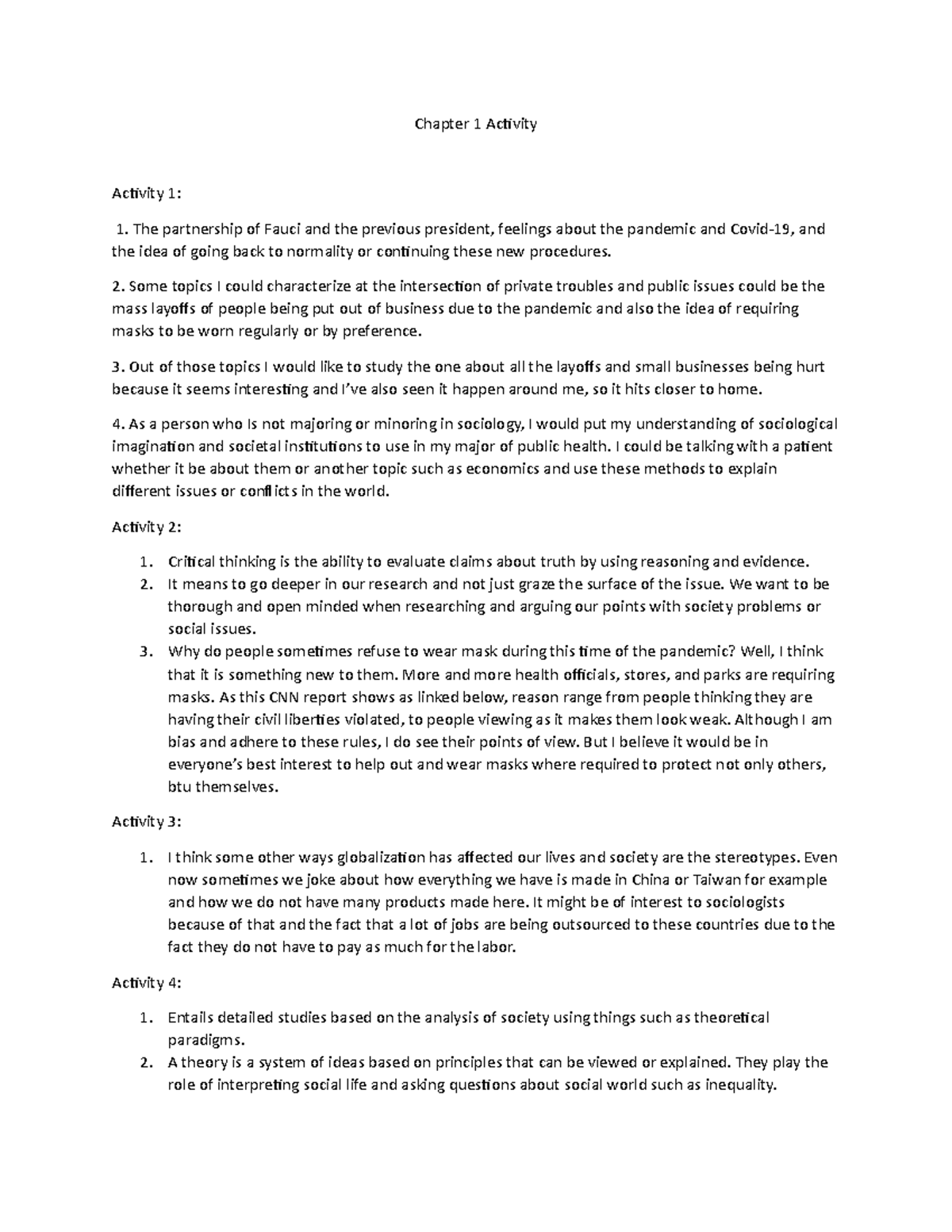 Chapter 1 Activity - Chapter 1 Activity Activity 1: The partnership of ...