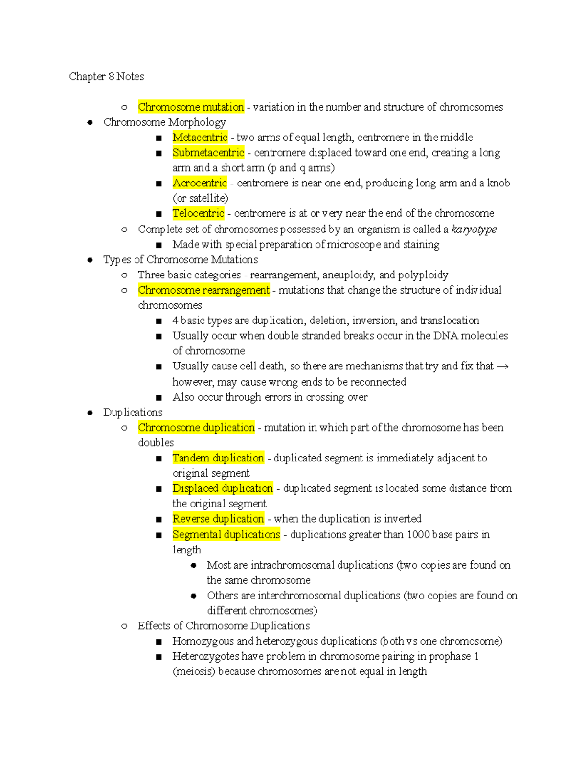 Chapter 8 Notes - Chapter 8 Notes Chromosome mutation - variation in ...