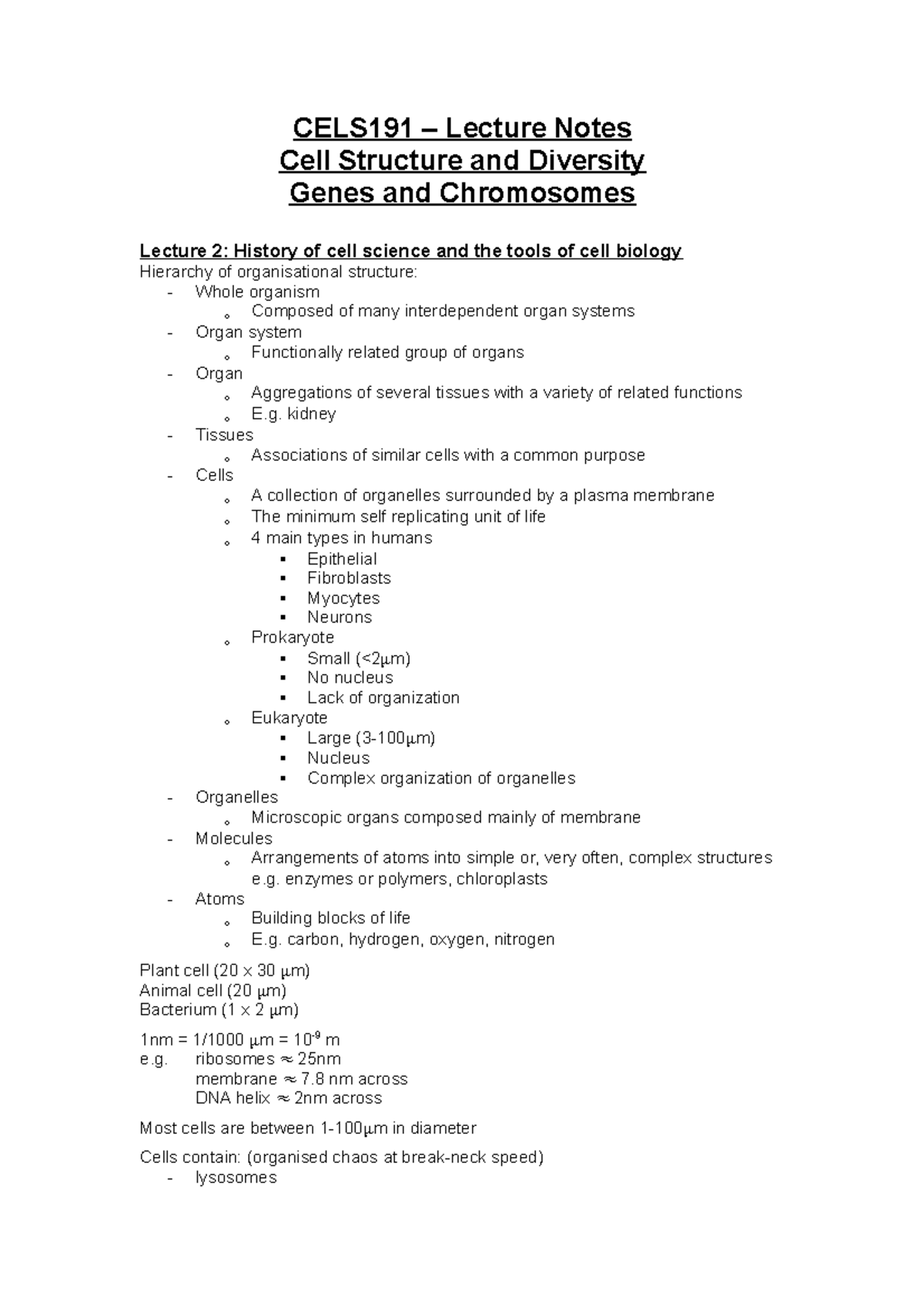 CELS191 – Lecture Notes - CELS191 – Lecture Notes Cell Structure and ...