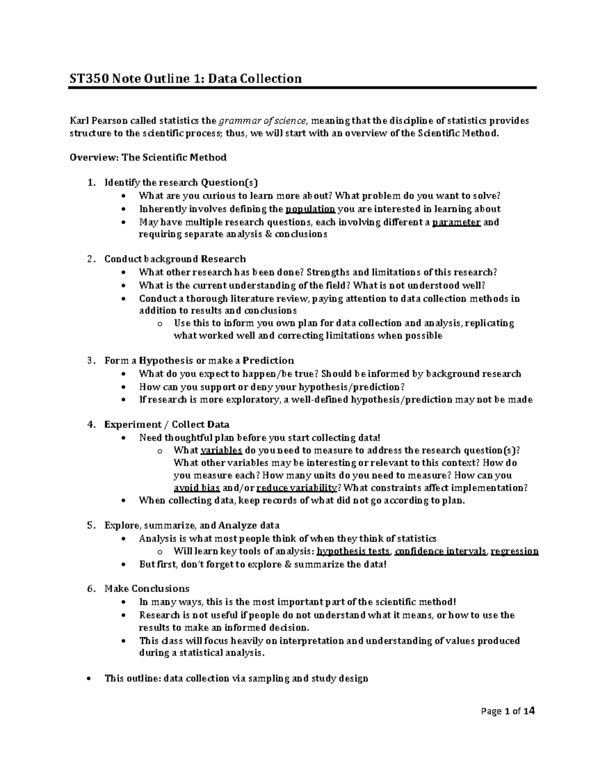 Guided Note 1 for ST 350 - ST 350 Note Outline 1: Data Collection Karl ...