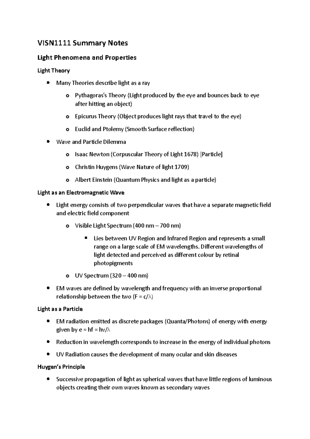 VISN1111 Summary Notes - VISN1111 Summary Notes Light Phenomena and ...