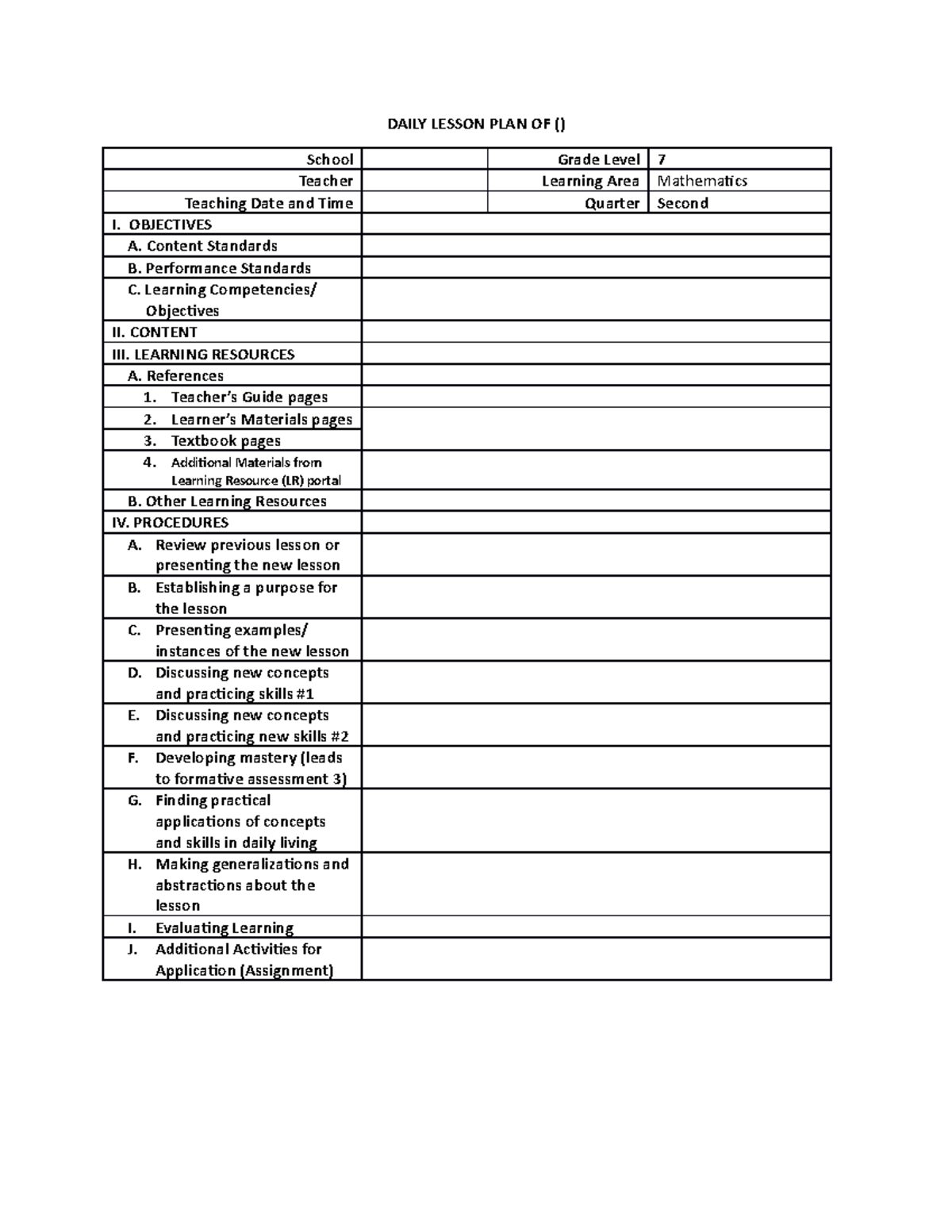 Daily Lesson PLAN template - DAILY LESSON PLAN OF () School Grade Level ...