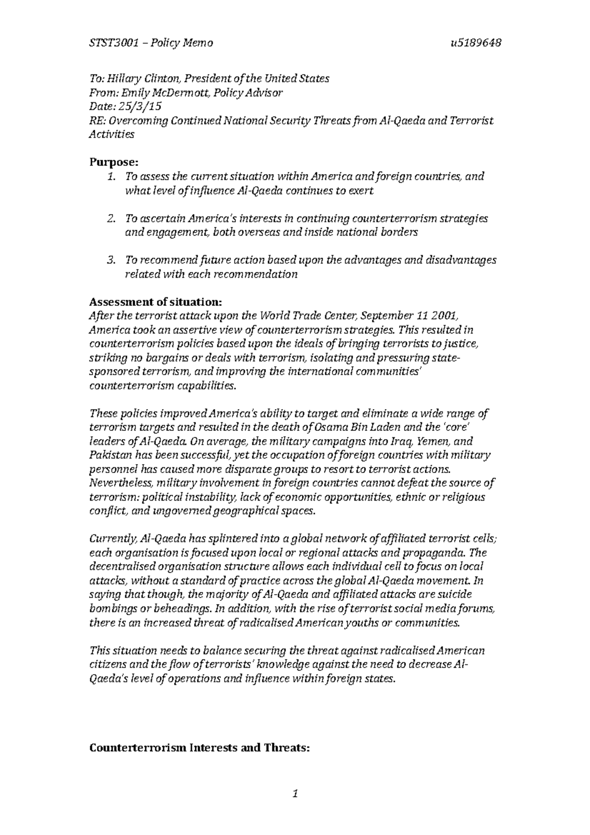 Policy Memo Exemplar 1 STST3001 Policy Memo U To Hillary Clinton policy-memo-exemplar-1-stst3001-policy-memo-u-to-hillary-clinton